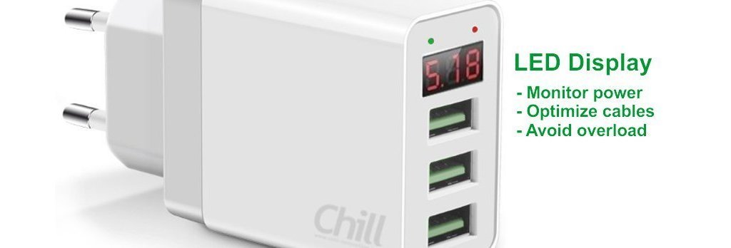 3-port USB charger with LED Display for monitoring power consumption etc.